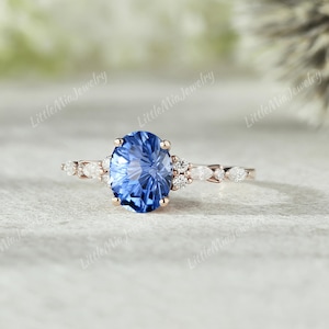 Firework Cut Sapphire Engagement Ring Rose Gold Moissanite Cluster ...