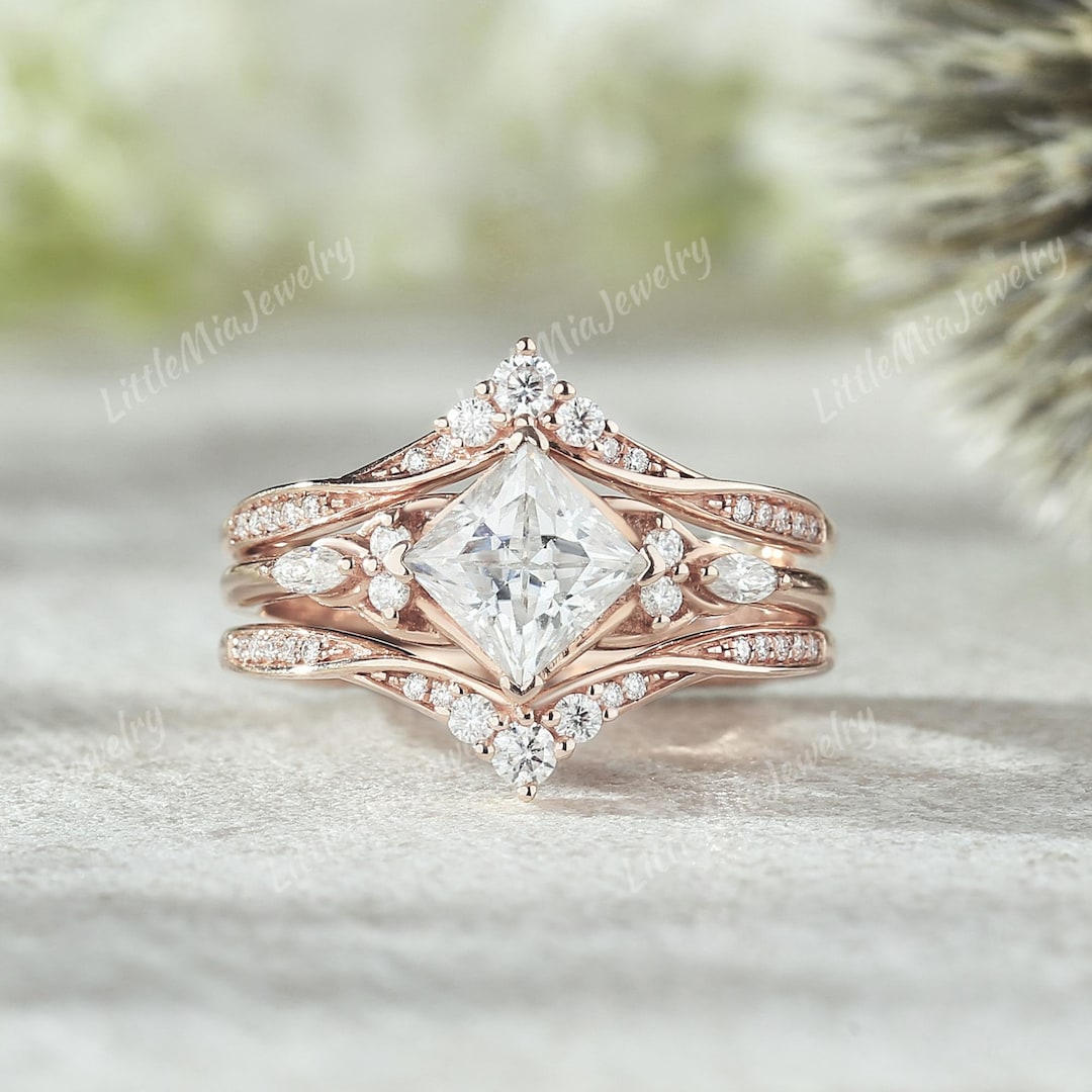Princess Cut Moissanite Engagement Ring Set Rose Gold Moissanite Ring ...