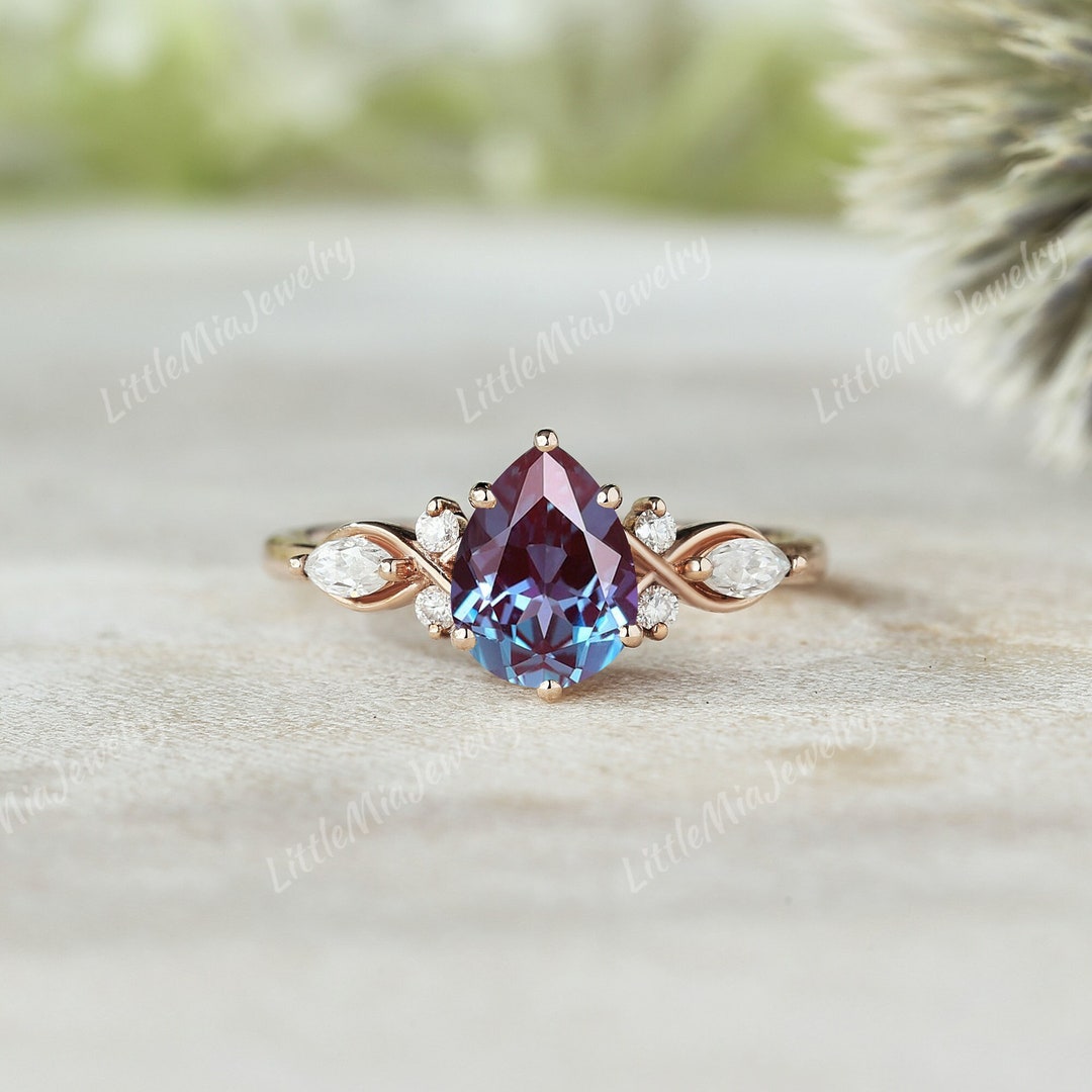 Unique Alexandrite Engagement Ring Rose Gold Pear Cut Alexandrite ...