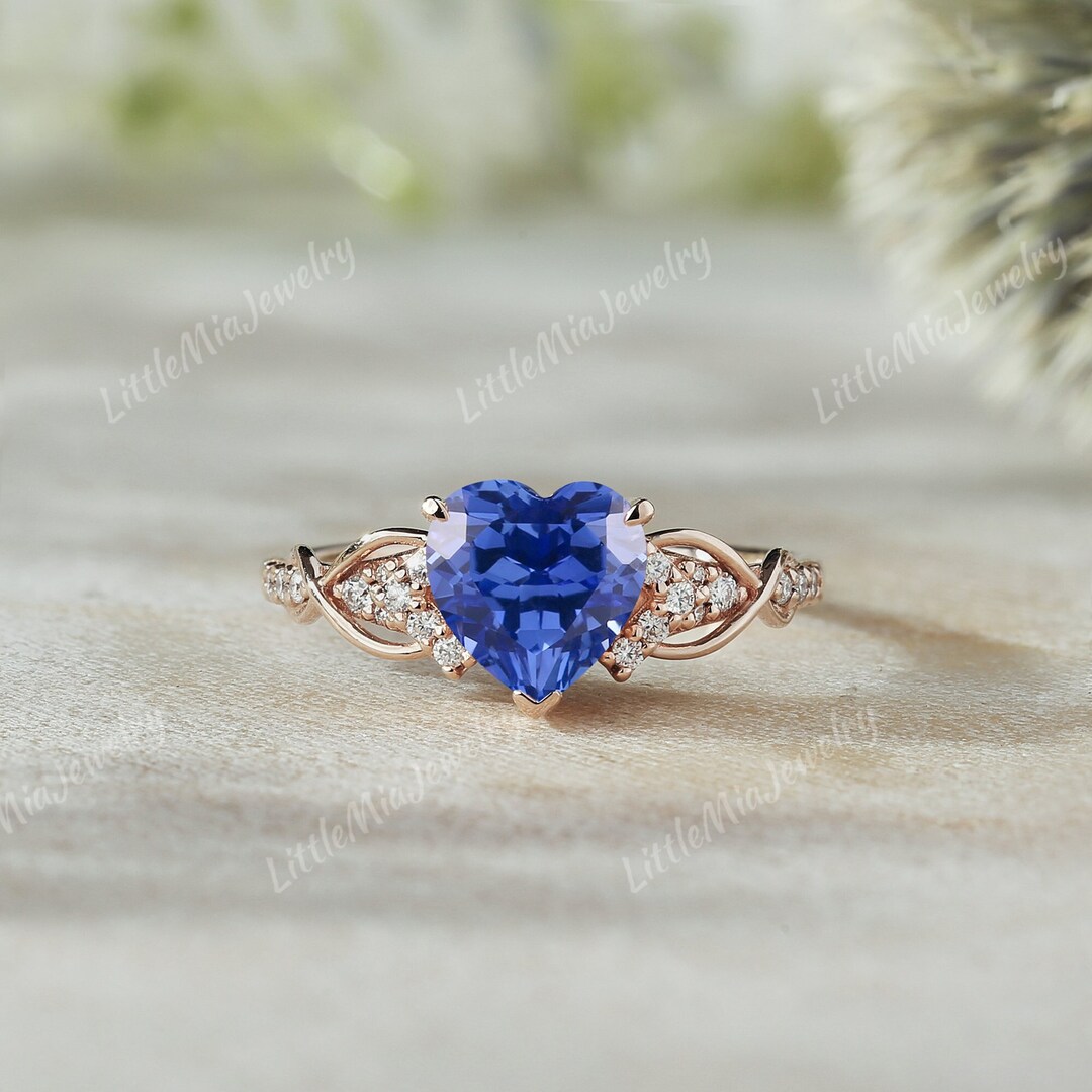 Unique Heart Shaped Blue Sapphire Engagement Ring Rose Gold Twisted ...
