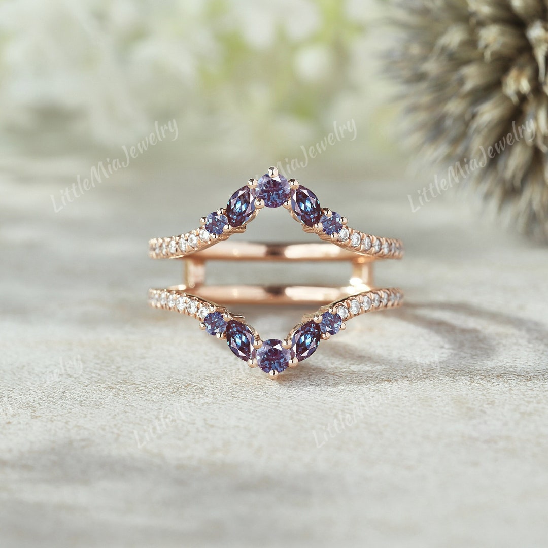 Unique Marquise Alexandrite Ring Enhancer Rose Gold Moissanite Curved ...
