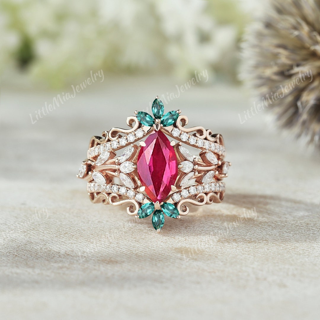 Unique Marquise Cut Ruby Engagement Ring Set Solid Gold Leaf Floral Emerald Ring Enhancer Red ...