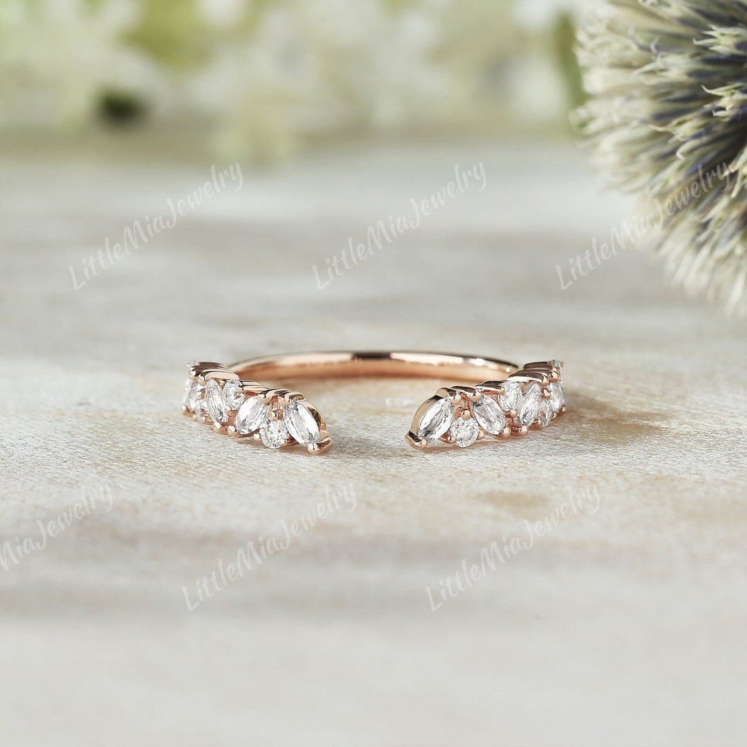 Unique Open Wedding Band Moissanite 10K 14K Gold Unique Curved Wedding ...