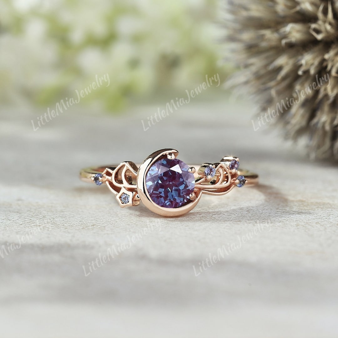 Unique Moon Alexandrite Engagement Ring Rose Gold Star Alexandrite ...