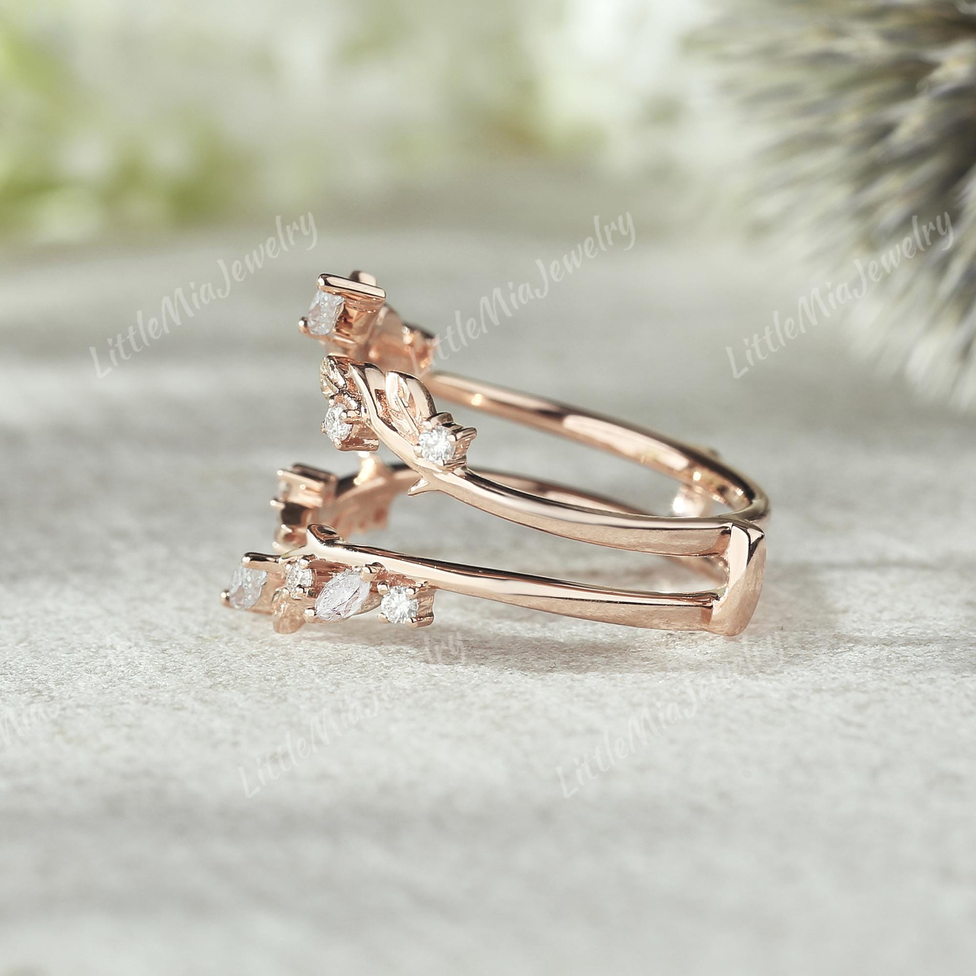 Unique Moissanite Ring Enhancer Rose Gold Leaf Branch Double Wedding ...