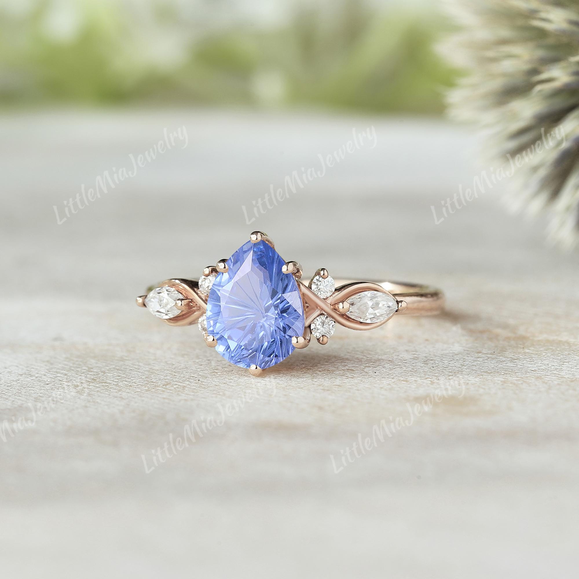 Firework Cut Blue Sapphire Engagement Ring Rose Gold Moissanite Cluster ...