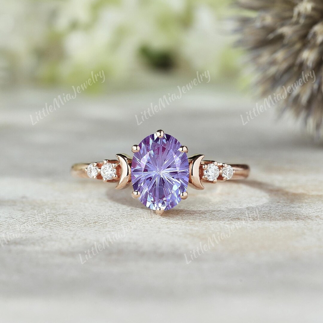 Firework Cut Moon Design Alexandrite Engagement Ring Rose Gold ...