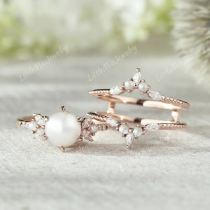 Unique Akoya Pearl Engagement Ring Set Solid Gold Moissanite Ring Enhancer Promise Birthstone ...