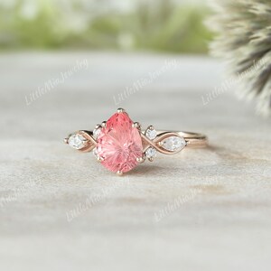 Firework Cut Pink Sapphire Engagement Ring Rose Gold Moissanite Cluster ...