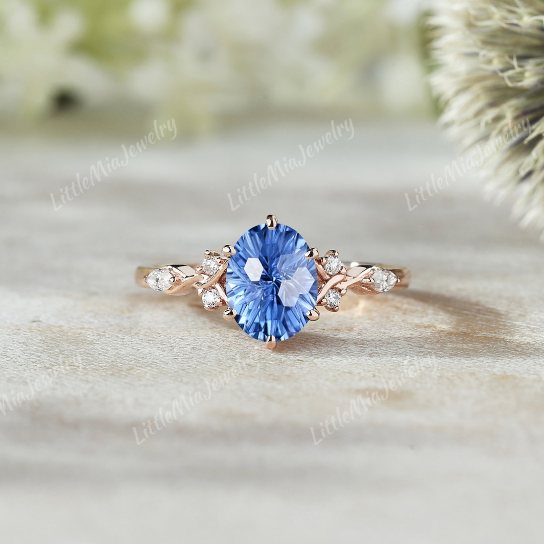 Firework Cut Sapphire Engagement Ring Rose Gold Moissanite Cluster ...