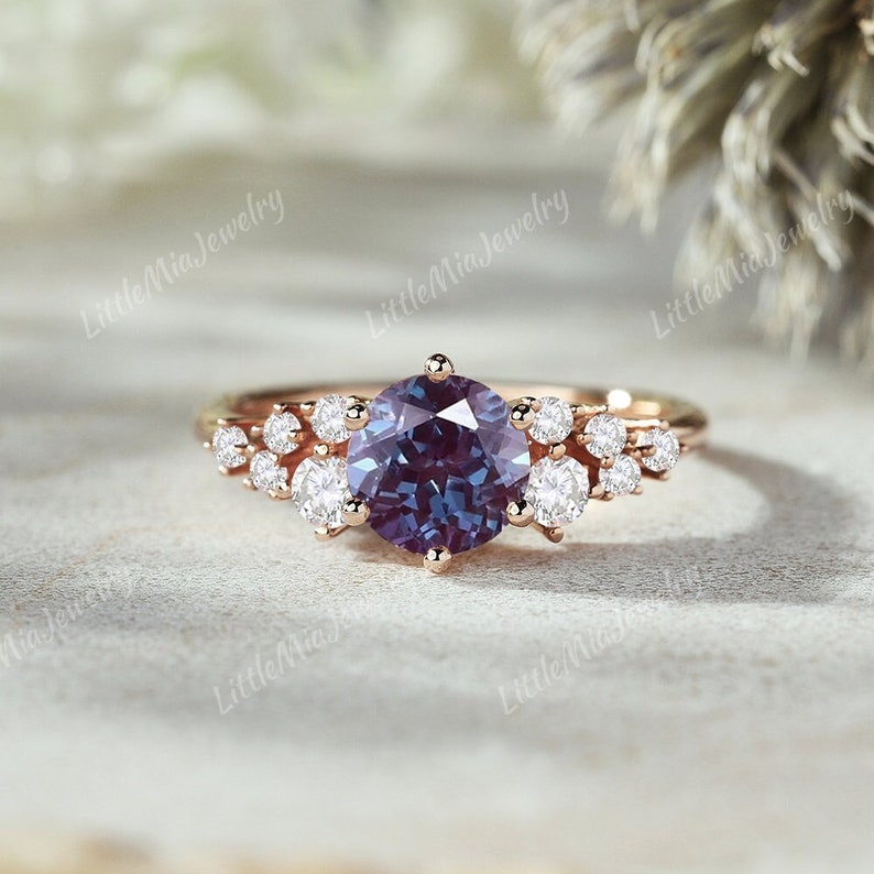 Vintage Alexandrite Wedding Ring Round Alexandrite Engagement Rings for ...