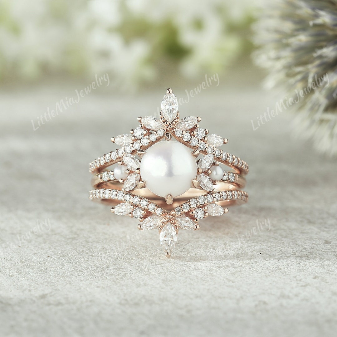 Art Deco Round Cut Pearl Engagement Ring Set Rose Gold Double Curved ...
