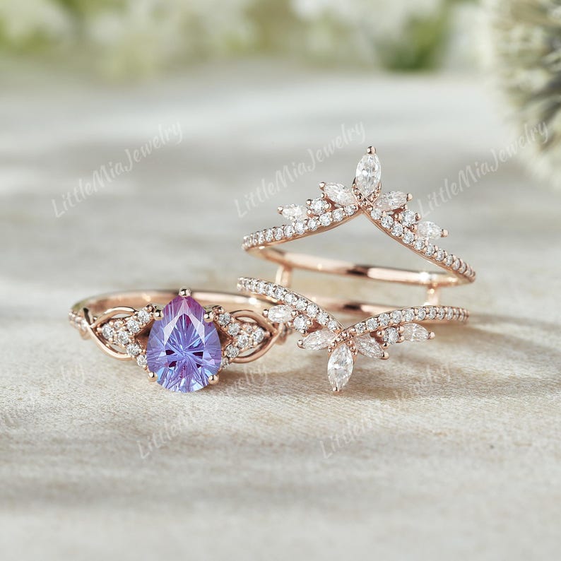 Firework Cut Alexandrite Engagement Ring Set Rose Gold Moissanite Ring ...