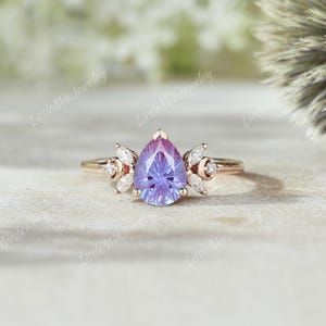 Firework Cut Alexandrite Engagement Ring Set Unique Rose Gold Marquise ...