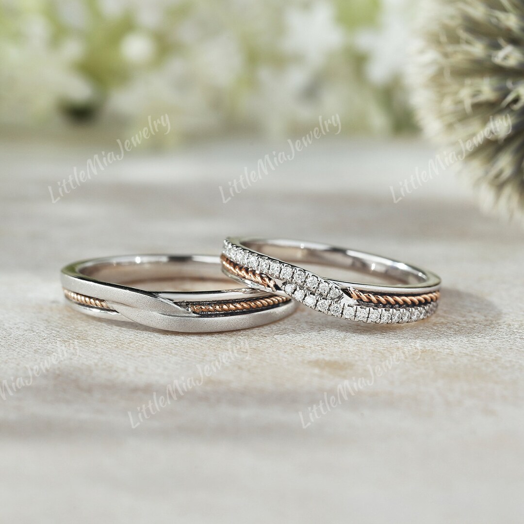 2pcs Two Tone Couple Ring White Gold Mens Wedding Band Rose Gold ...