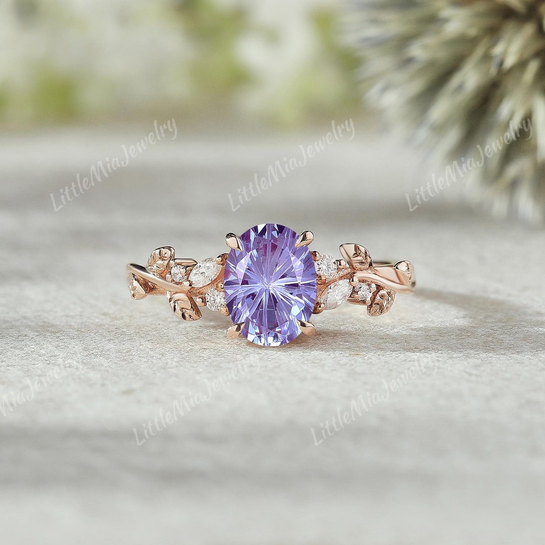 Nature Inspired Leaf Firework Cut Alexandrite Engagement Ring Rose Gold ...