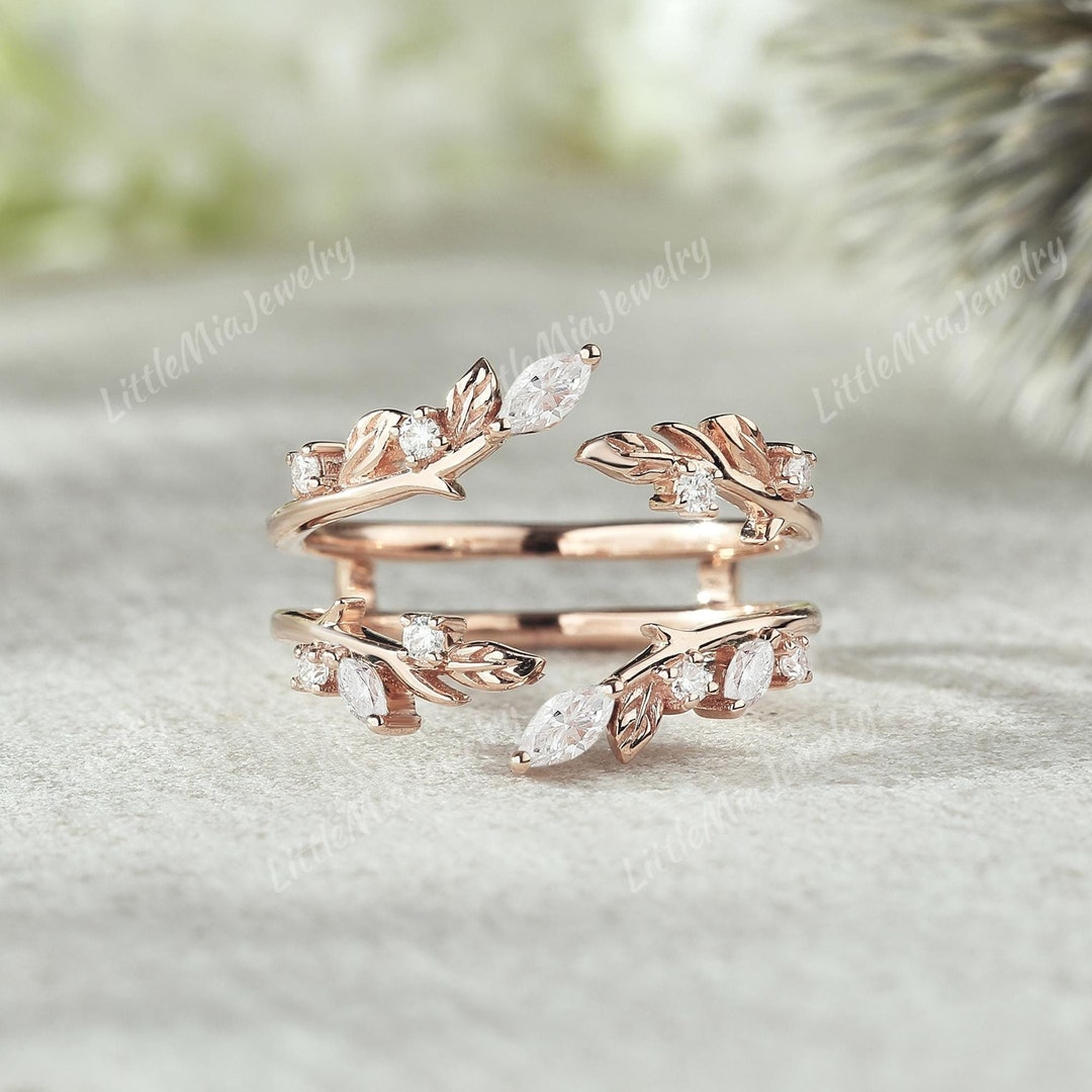 Unique Moissanite Ring Enhancer Rose Gold Leaf Branch Double Wedding ...