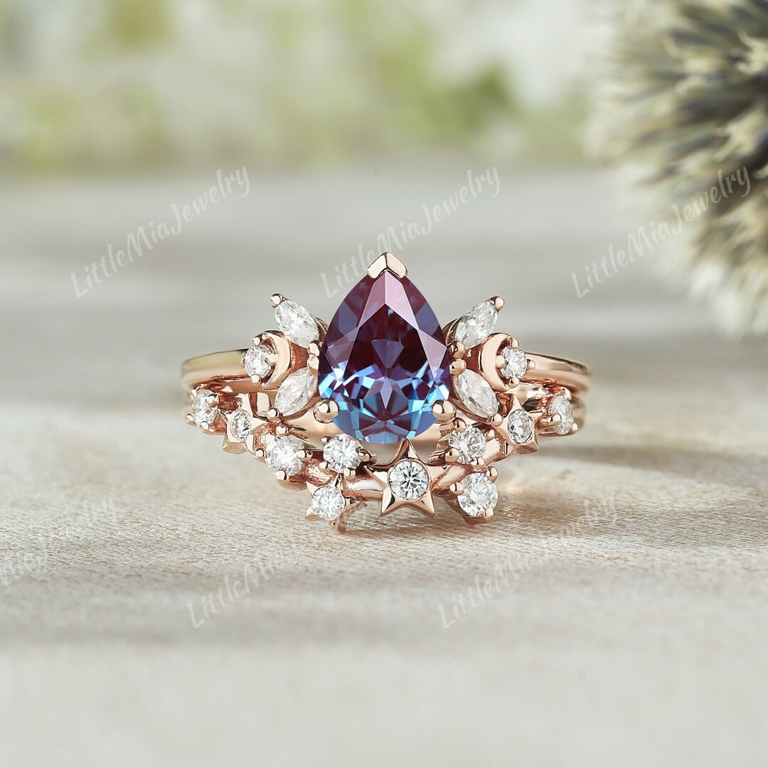 Unique Pear Shaped Moon Alexandrite Engagement Ring Set Rose Gold Moon ...