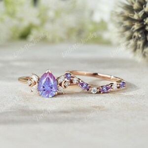 Firework Cut Alexandrite Engagement Ring Set Unique Rose Gold Marquise ...