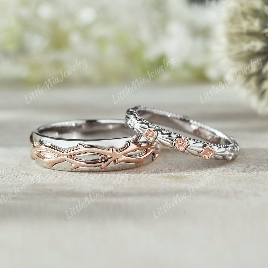Unique Two Tone Couple Ring White Gold Wedding Band Rose Gold Mens ...