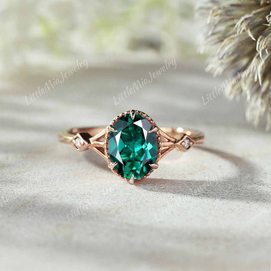 Antique Emerald Engagement Ring Oval Cut Emerald Wedding Ring Vintage ...