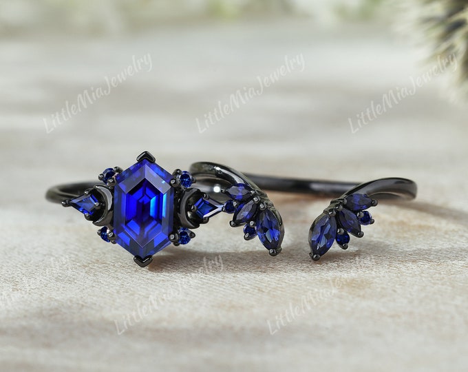 Gothic Wedding Ring Set With Sapphire, Fantasy Forest Wedding Ring Set ...