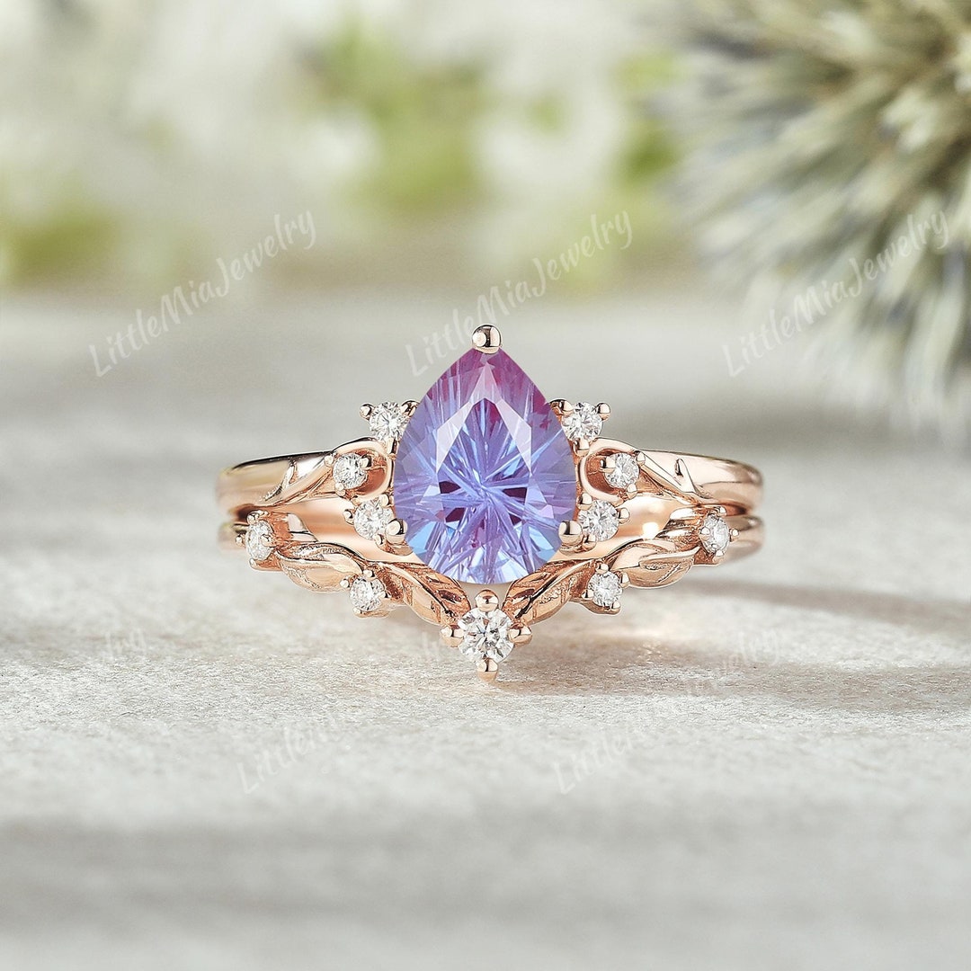Firework Cut Alexandrite Engagement Ring Set Rose Gold Nature Inspired ...