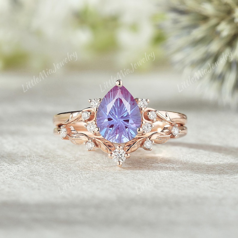 Firework Cut Alexandrite Engagement Ring Set Rose Gold Nature Inspired ...