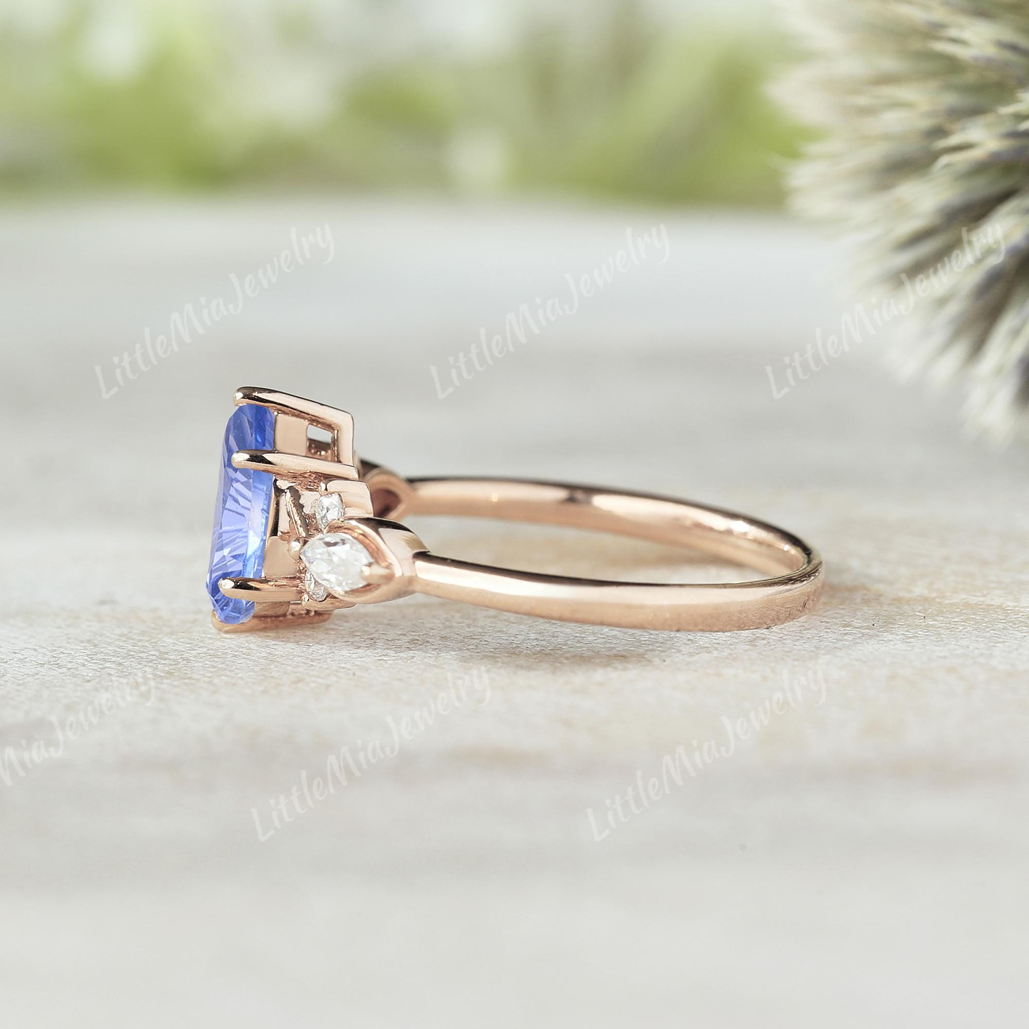 Firework Cut Blue Sapphire Engagement Ring Rose Gold Moissanite Cluster ...