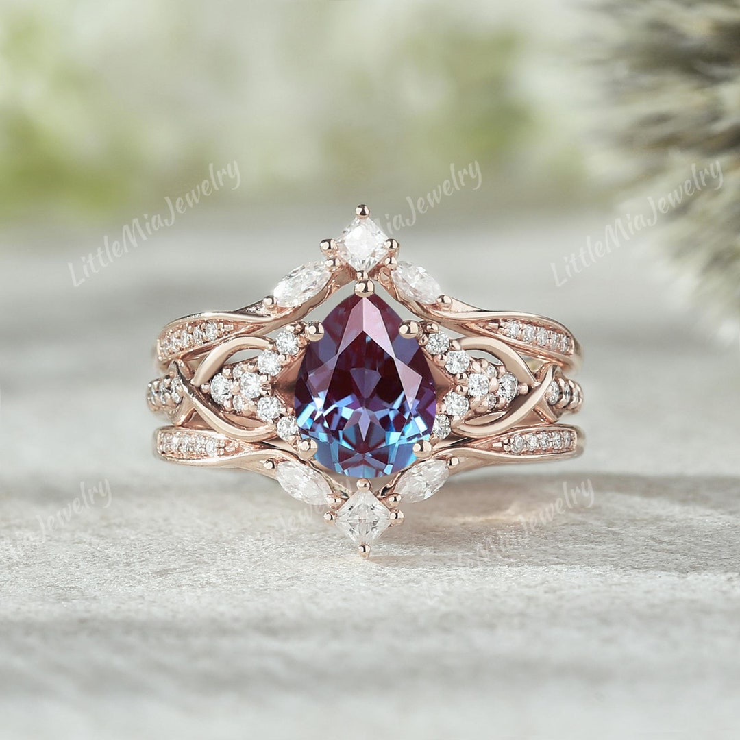 Alexandrite Engagement Ring Set Rose Gold Moissanite Ring Enhancer ...