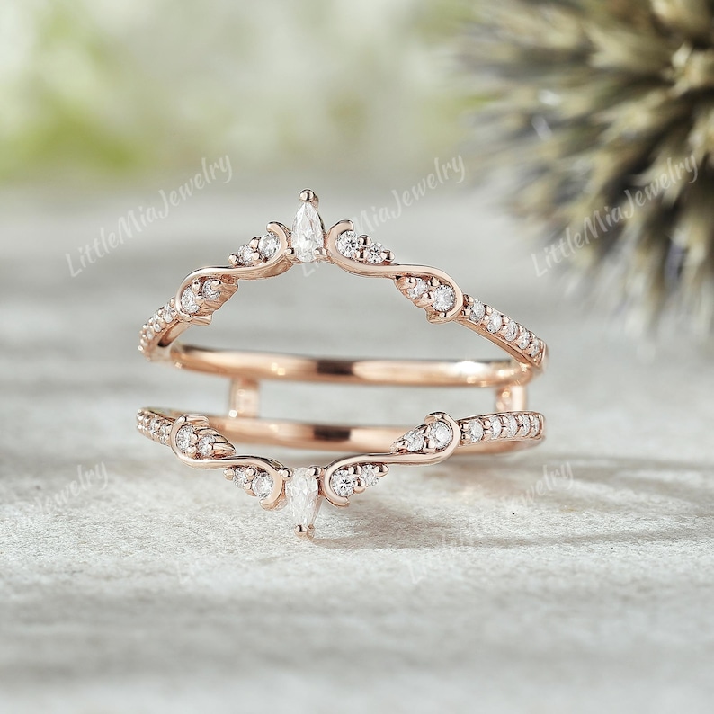 Double Curved Wedding Band Rose Gold Enhancer Ring Moissanite Stacking ...
