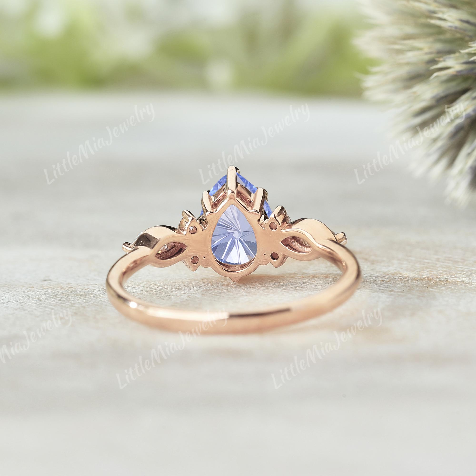 Firework Cut Blue Sapphire Engagement Ring Rose Gold Moissanite Cluster ...