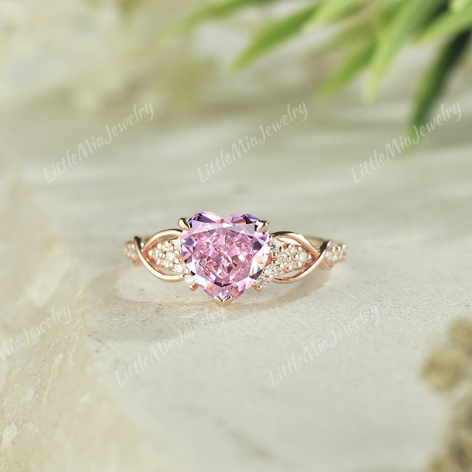 Unique Heart Shaped Pink Sapphire Engagement Ring Rose Gold Moissanite ...