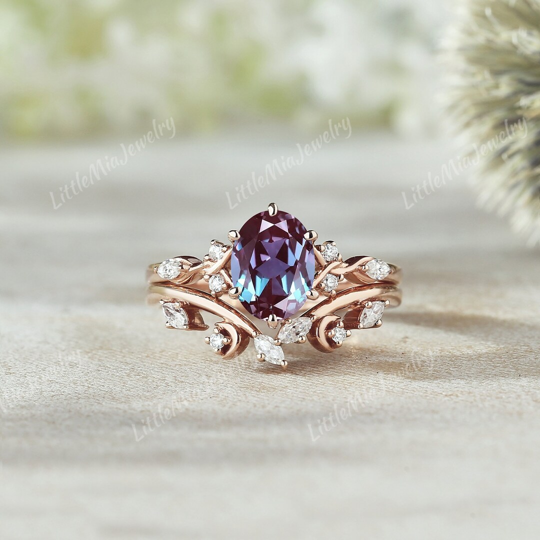 Unique Alexandrite Engagement Ring Set Rose Gold Oval Cut Alexandrite ...