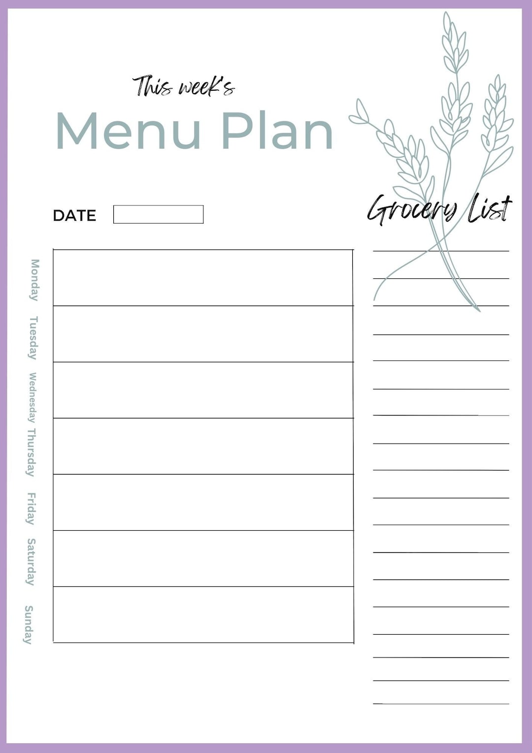 Printable Weekly Menu Plan and Grocery List - Etsy