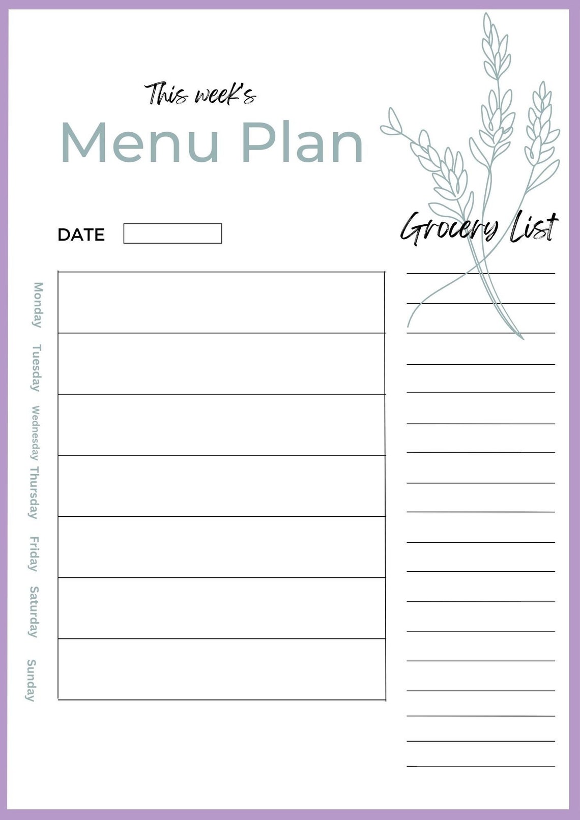 Printable Weekly Menu Plan and Grocery List - Etsy