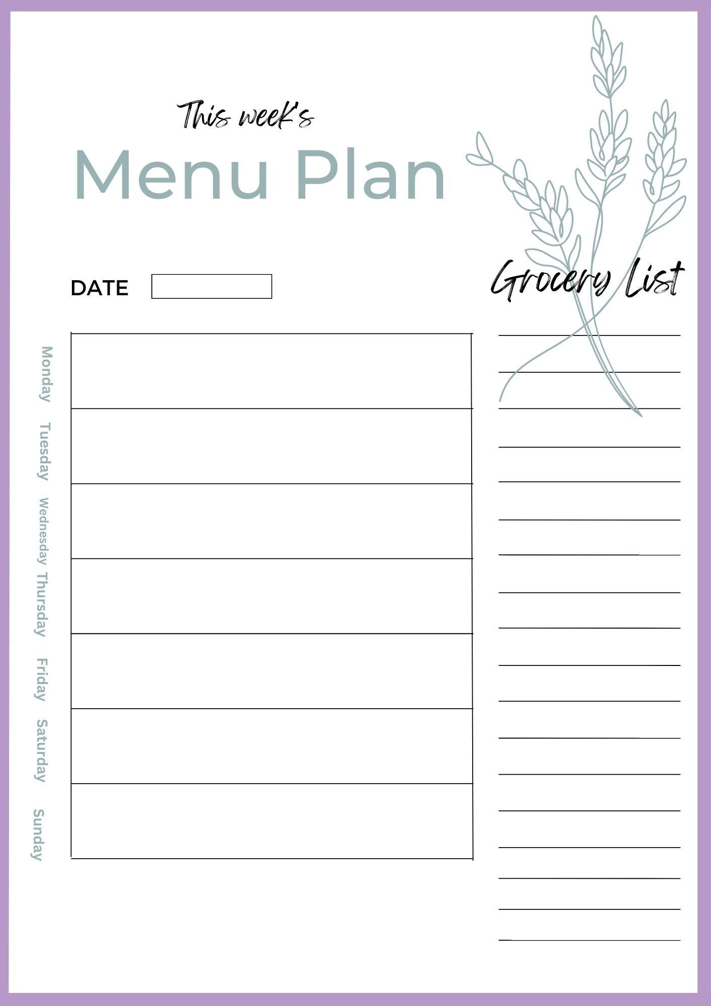 Printable Weekly Menu Plan and Grocery List - Etsy
