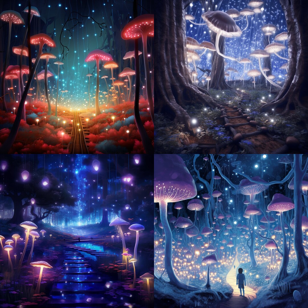Dreamy Illustration of Magical Forest With Glowing Mushrooms and Fairy ...