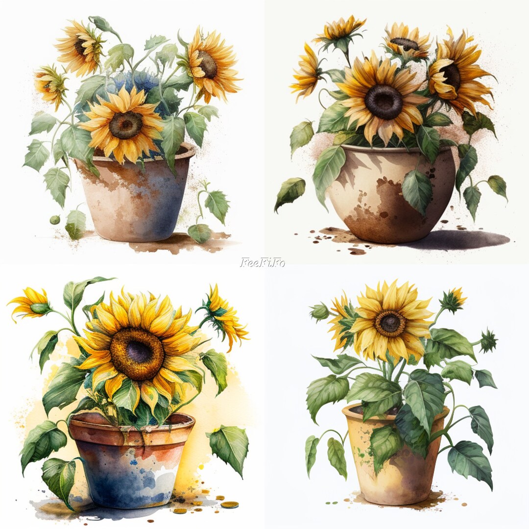 Sunflower Pot Clipart, Watercolor Sunflower Pot, Sublimation, Sunflower ...