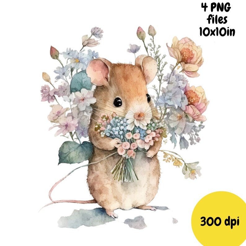 Watercolor Mouse and Flower Mouse and Flower PNG Digital - Etsy