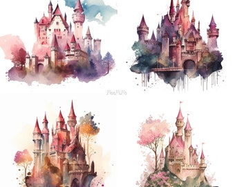 Watercolor Princess Castles Clipart Pack 14 PNG Enchanting Castle Clipart, Watercolor Fairy Tale ...
