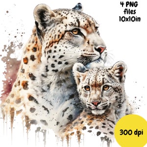 Mom and Baby Snow Leopard Watercolor, Mom and Baby Snow Leopard Print ...