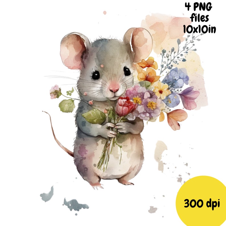 Watercolor Mouse and Flower Mouse and Flower PNG Digital - Etsy