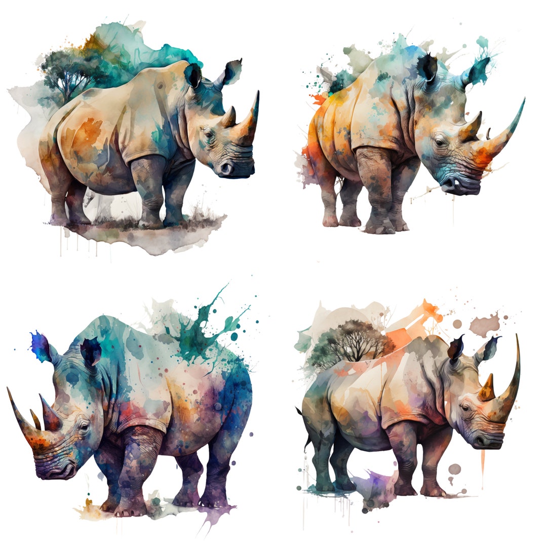 Watercolor Rhino Clipart, Rhino Decor Wall Art, Rhino PNG, Watercolor ...