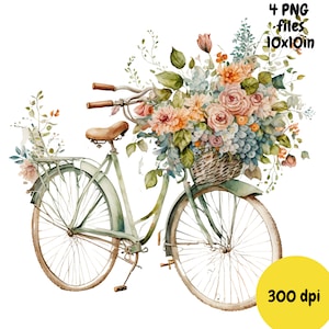 Watercolor Bicycle Clipart, Printable Digital Download, Flower Basket ...