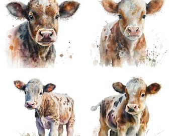Cute Baby Cow Watercolor Clipart, Digital Download, Nursery Wall Art ...