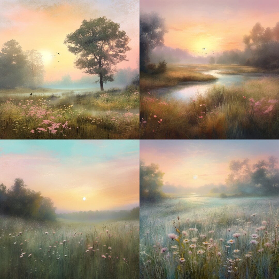 Calming Pastels, Soft Painting Depicting a Peaceful Meadow, Encouraging ...