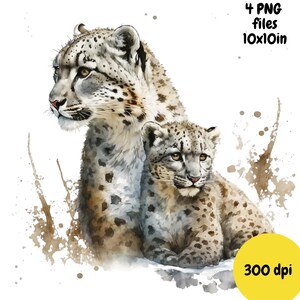 Mom and Baby Snow Leopard Watercolor, Mom and Baby Snow Leopard Print ...