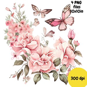 Shabby Chic Pink Flowers and Butterflies Wall Art Instant Digital ...