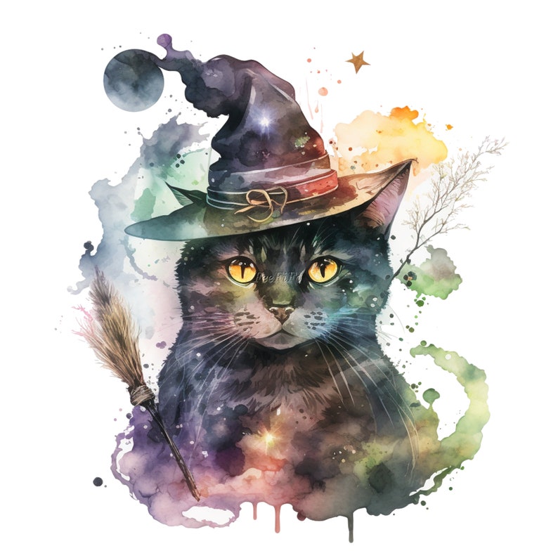 Witchy Cat Clipart Watercolor Witch Cat Sublimationwitch - Etsy
